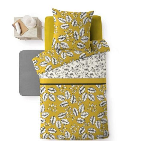 Smart gult sengetøj 140x200 med blade mønster - Køb her